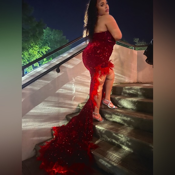 Dresses | Sexy Plunging Red Sequin Feathers Train | Poshmark